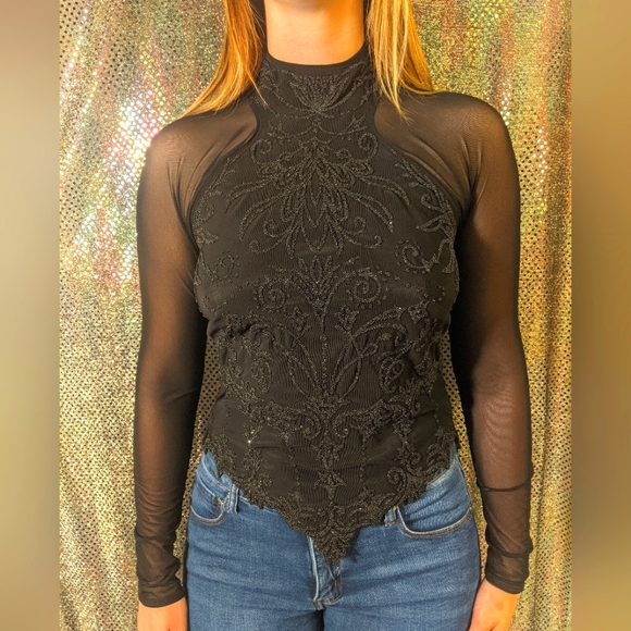 Tops | 8s Sheer Sleeved Hand Beaded Blacktop Size Small | Poshmark